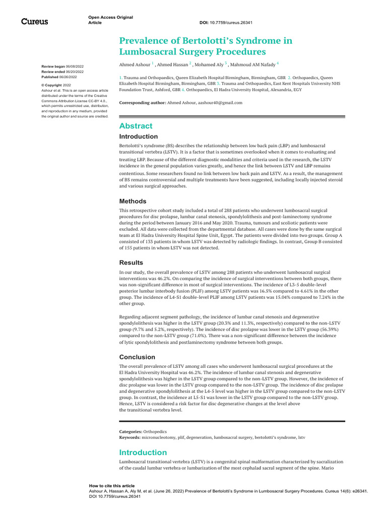 Prevalence of Bertolotti's Syndrome in Lumbosacral Surgery Procedures ...