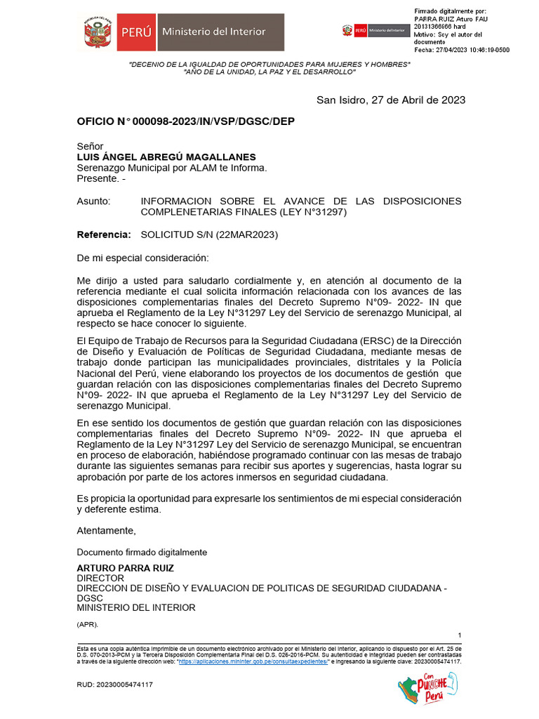 Oficio 000098-2023 - in - VSP - DGSC - Dep | PDF | Gobierno