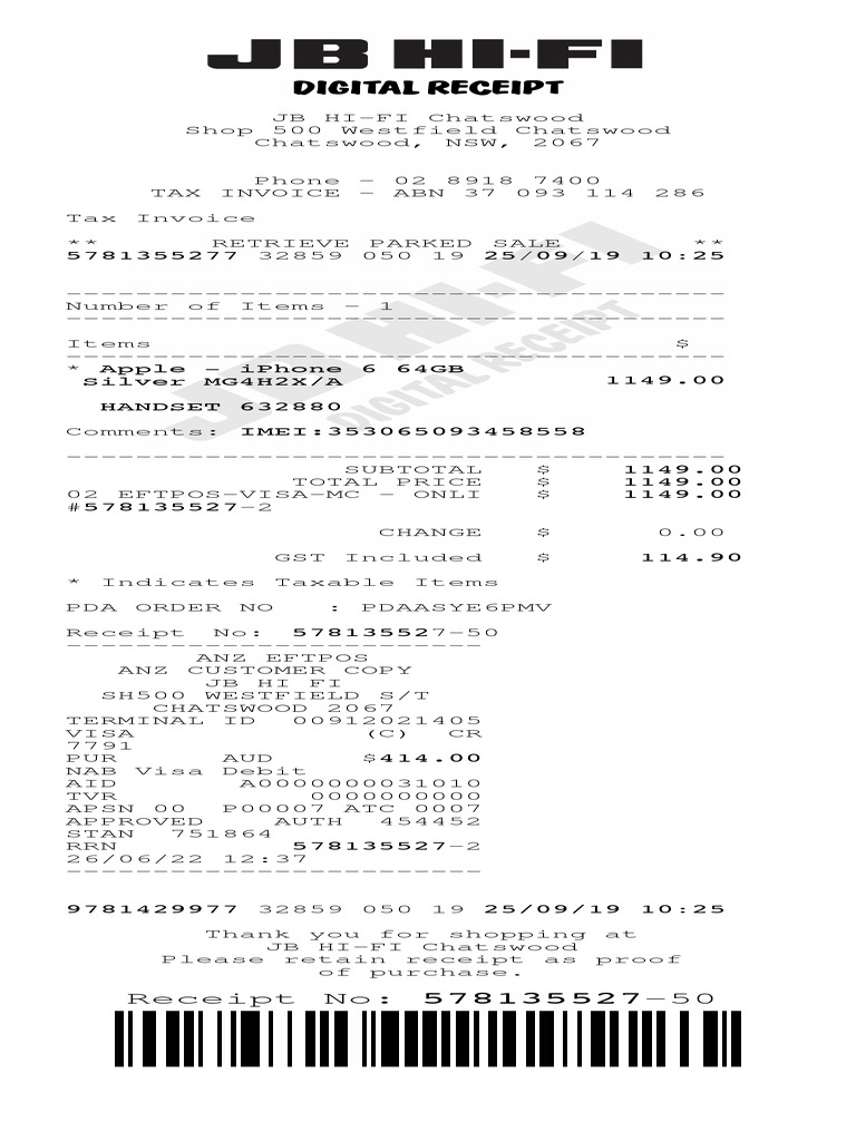 JB Hi-Fi Chatswood Tax Invoice | PDF