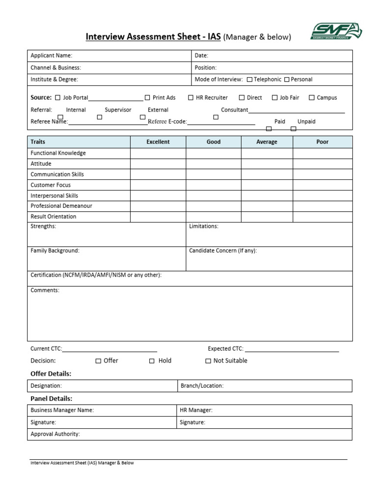 Interview Assessment Sheet - Upto Manager | PDF | Business