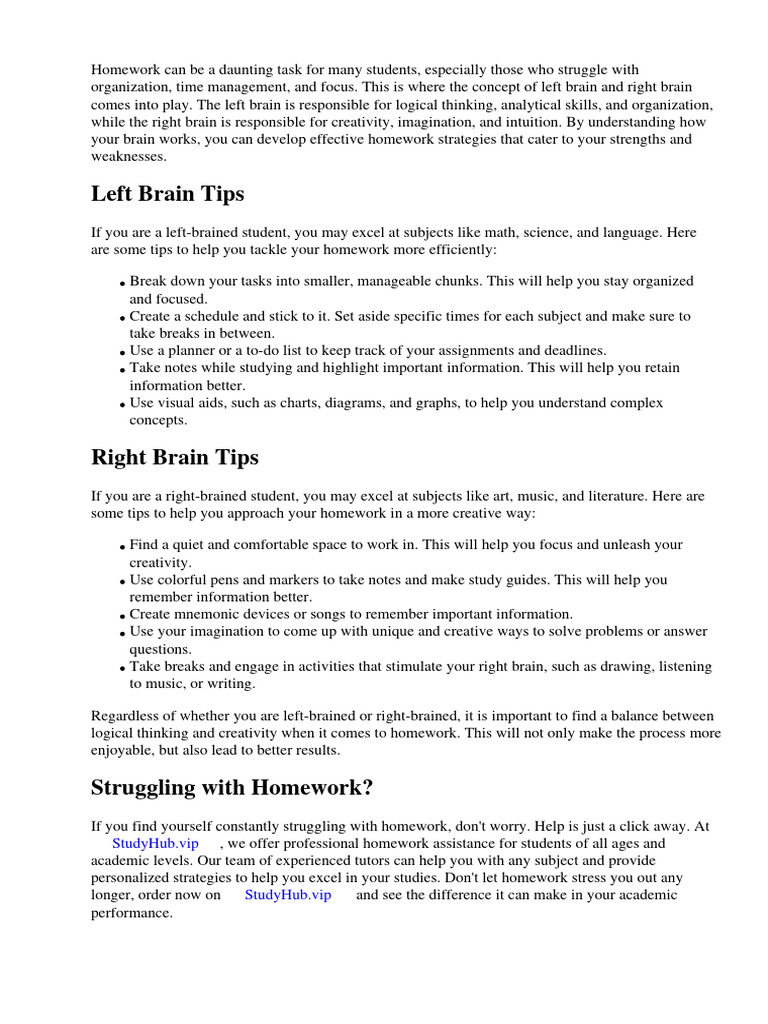 Left Brain Right Brain Homework Tips | PDF | Lateralization Of Brain ...