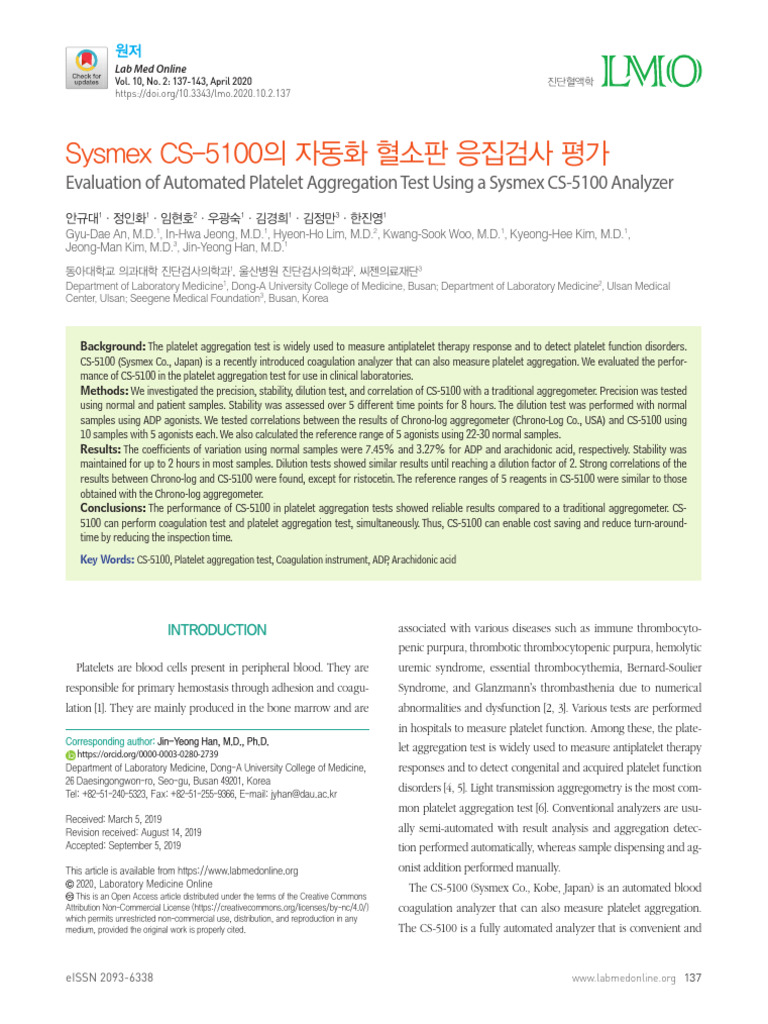 Evaluation Of Automated Platelet Aggregation Test Pdf Platelet Coagulation