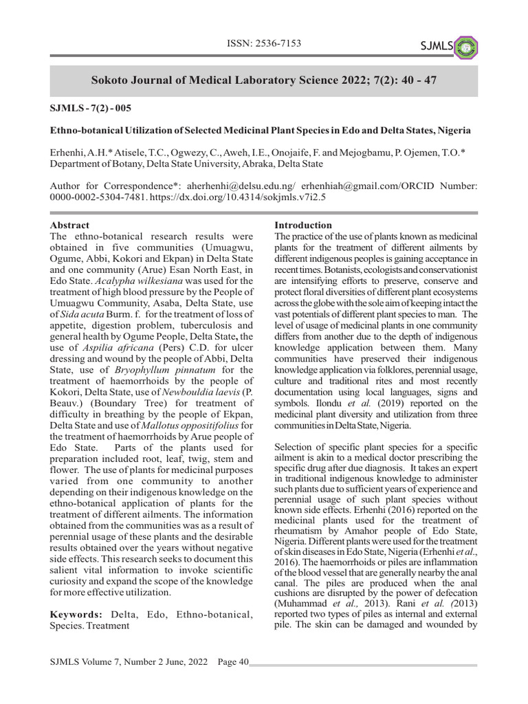 Ethno-Botanical Utilization of Selected Medicinal Plant Species in Edo ...