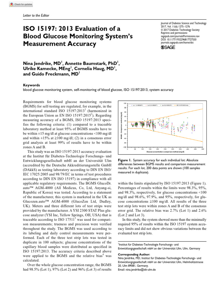 Jendrike Et Al 2017 Iso 15197 2013 Evaluation of A Blood Glucose Monitoring System S Measurement ...