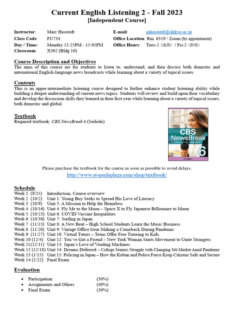 CE2L Syllabus (Hasstedt) - Fall 2023 | PDF | Foreign Language Studies