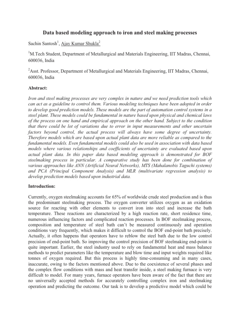 Data Based Modeling Approach of Iron and Steelmaking Processes1 | PDF | Steelmaking | Principal ...