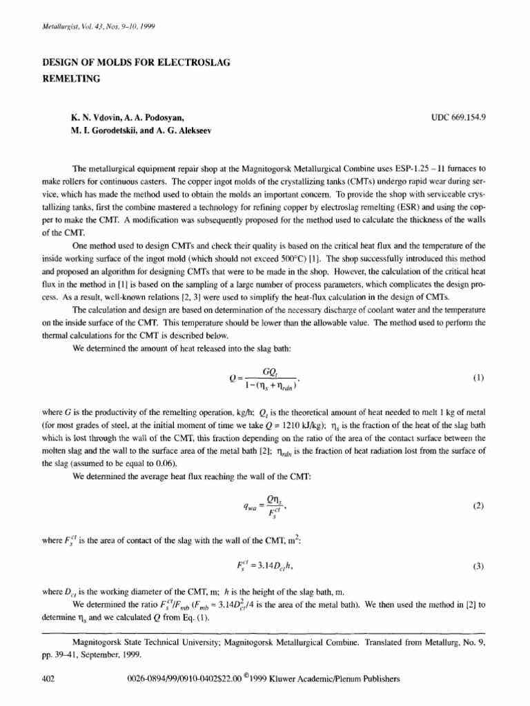 Design of molds for electroslag remelting | PDF | Boiling | Mechanical Engineering