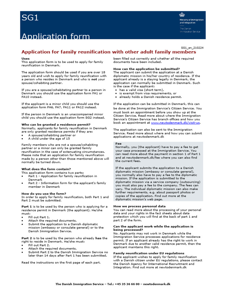SG1 Application Form: Application For Family Reunification With Other Adult Family Members | PDF ...