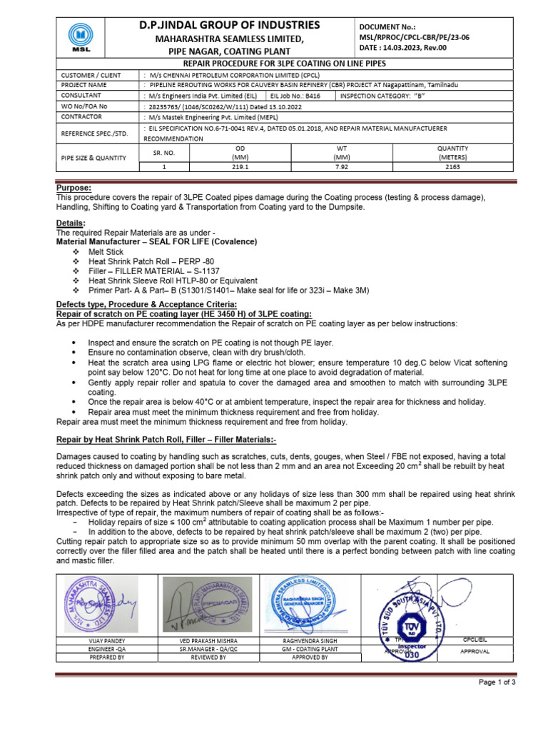 3LPE Coating Repair Procedure Guide | PDF | Pipe (Fluid Conveyance) | Epoxy