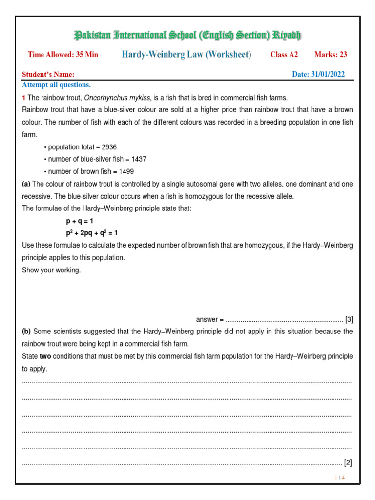Hardy Weinberg Law Worksheet | PDF | Genetics | Evolutionary Biology