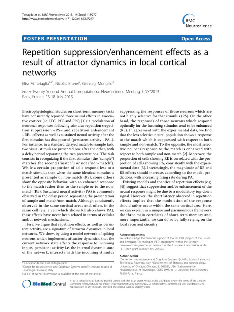 Repetition Suppression/enhancement Effects As A Result of Attractor Dynamics in Local Cortical ...
