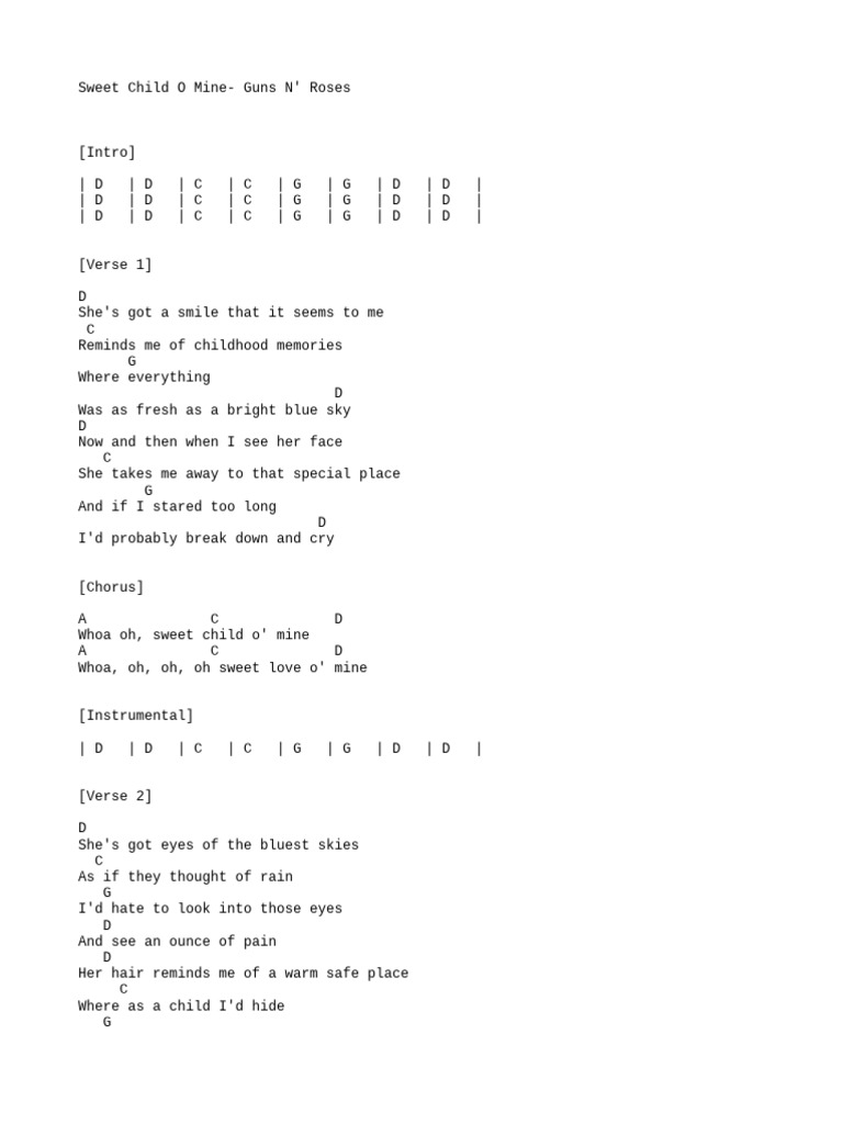 Sweet Child O' Mine Guitar Chords | PDF | Song Structure | Musical ...