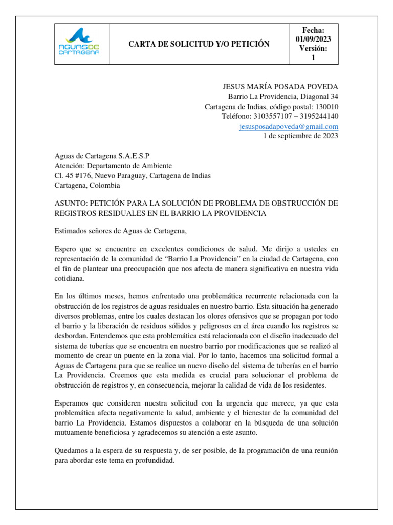 CARTA DE SOLICITUD - BARRIO LA PROVIDENCIA | PDF