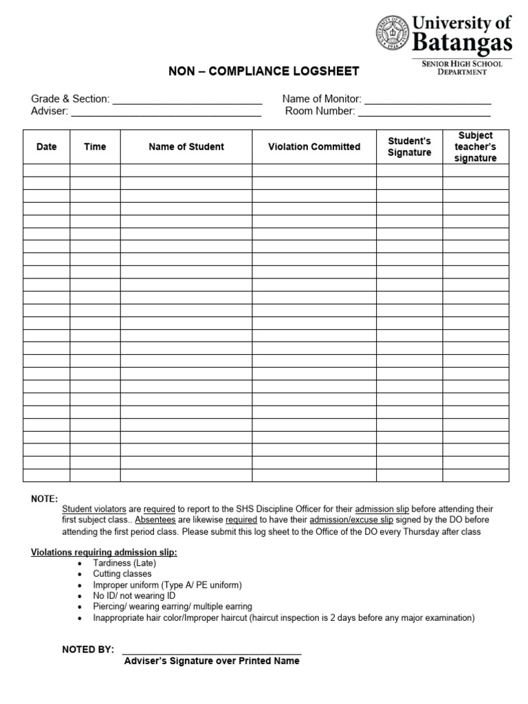 Non Compliance Logbook | PDF
