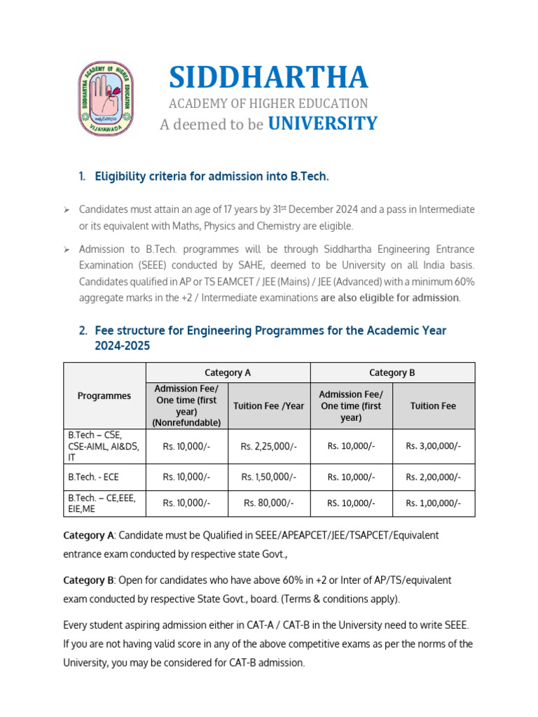 SAHE B.Tech Admission & Fee Structure 2024 | PDF | University And ...