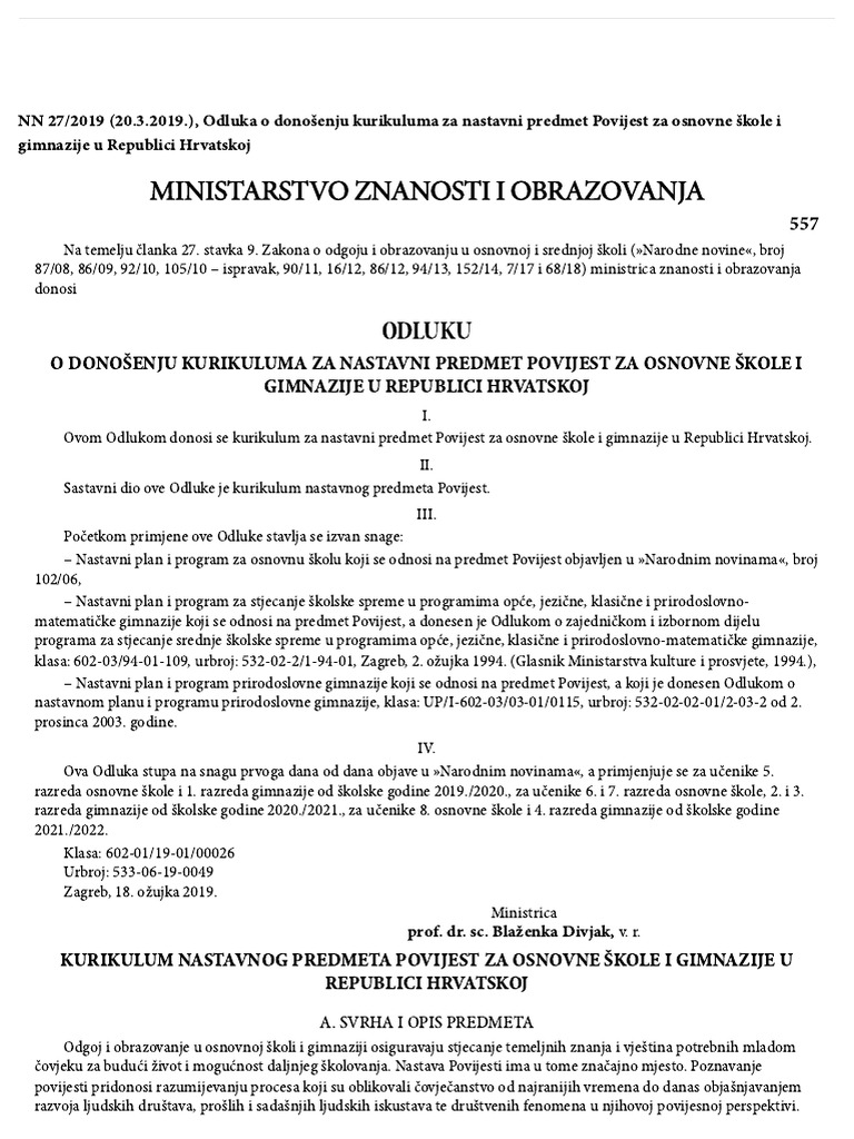 Odluka o Donošenju Kurikuluma Za Nastavni Predmet Povijest Za Osnovne ...