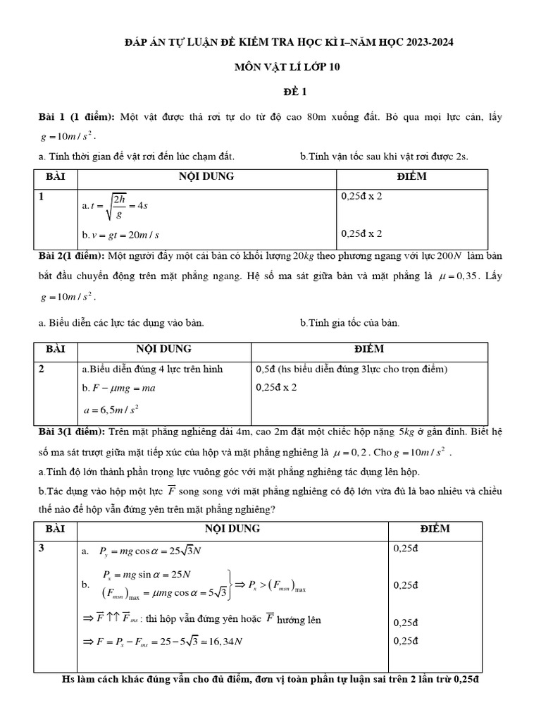 Đáp Án Tự Luận 10 HK1 23-24 | PDF