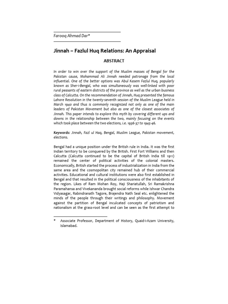 Jinnah and Fazlul Huq: Political Dynamics | PDF | Muhammad Ali Jinnah ...