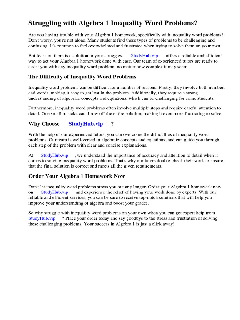 Inequality Word Problems Algebra 1 Homework Answers | PDF | Algebra ...