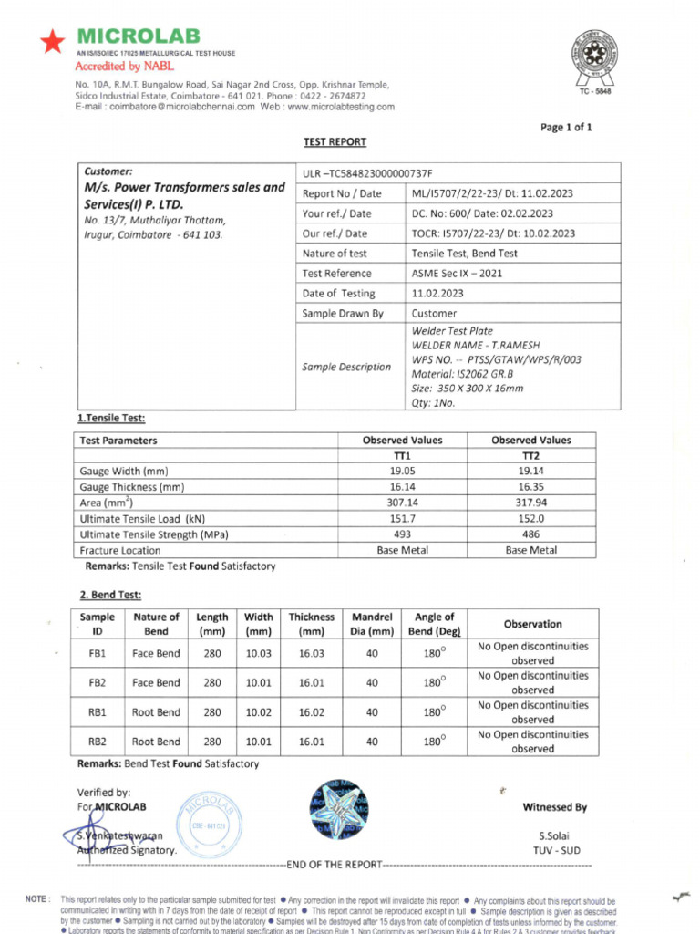 Radiography, Tensile & Bend Test Report | PDF
