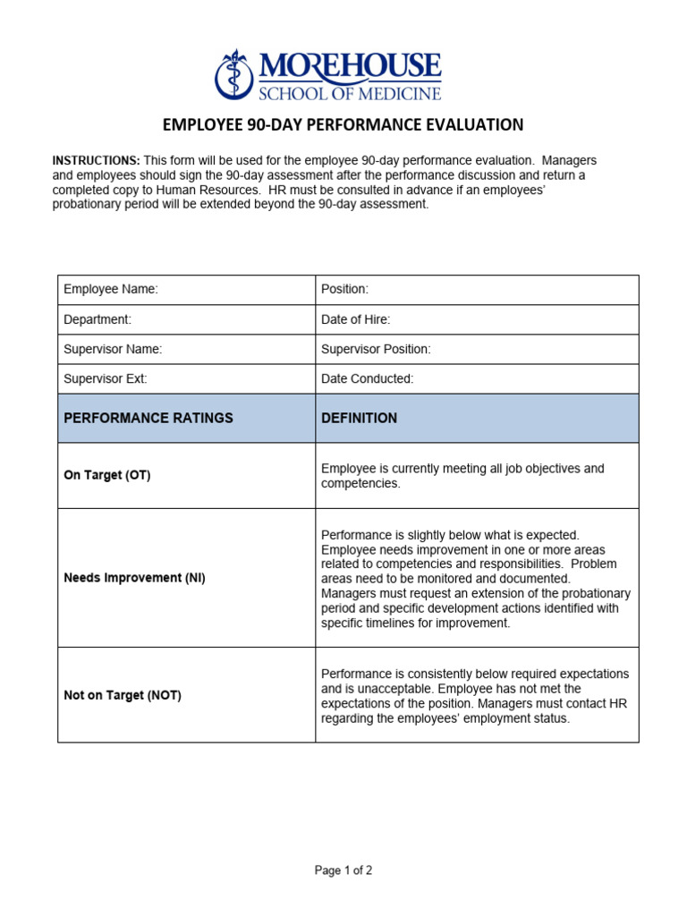 90-Day Employee Performance Review Form | PDF | Performance Appraisal ...