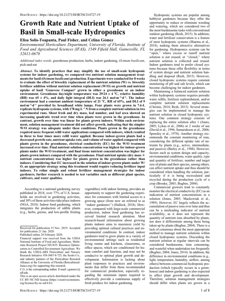 Basil Hydroponics: Growth & Nutrient Uptake | PDF | Hydroponics ...