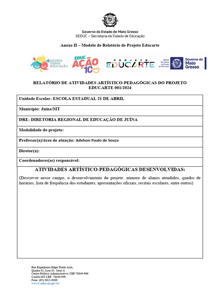 Modelo de Relatório de Projeto Educarte | PDF Modelo de Relatório de Projeto Educarte | PDF