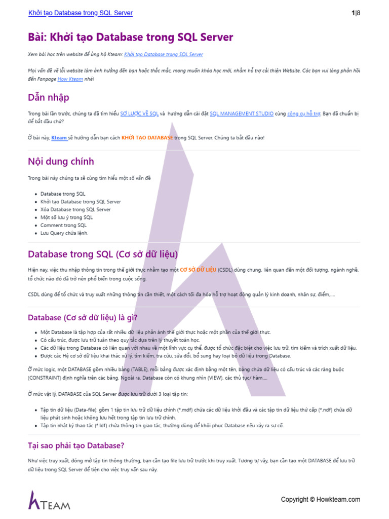 HOWKTEAM - VN - KH I T o Database Trong SQL Server | PDF
