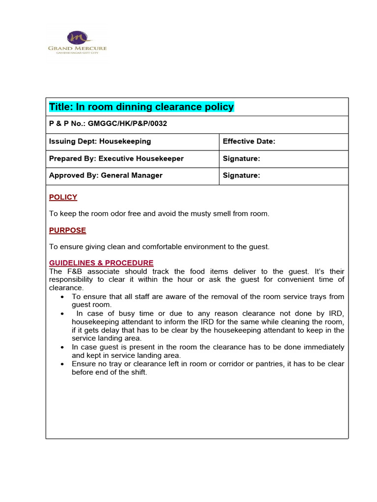 In-Room Dining Clearance Policy | PDF