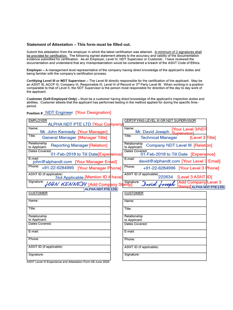Attestation Statement Sample Form | PDF | Nondestructive Testing