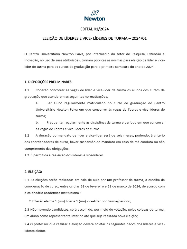 Edital de Lideres de Turma 2024.1 | PDF | Liderança | Desenvolvimento ... Edital de Lideres de Turma 2024.1 | PDF | Liderança | Desenvolvimento ...