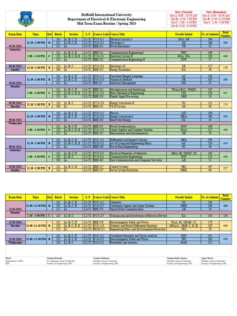 EEE Mid Term Exam Schedule Spring 2024 | PDF | Electrical Engineering | Applied Mathematics