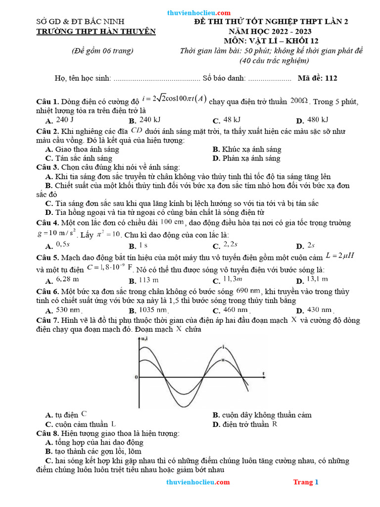 thuvienhoclieu.com-De-thi-thu-Tot-nghiep-2023-Vat-Li-THPT-Han-Thuyen-Lan-2 | PDF