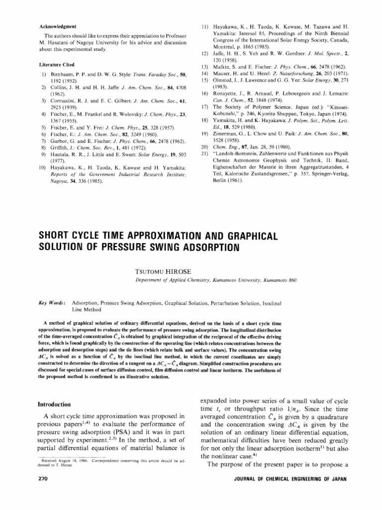 Short Cycle Time Approximation and Graphical Solution of Pressure Swing Adsorption | PDF ...