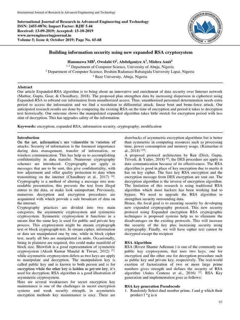 Building Information Security Using New Expanded RSA Cryptosystem | Download Free PDF ...