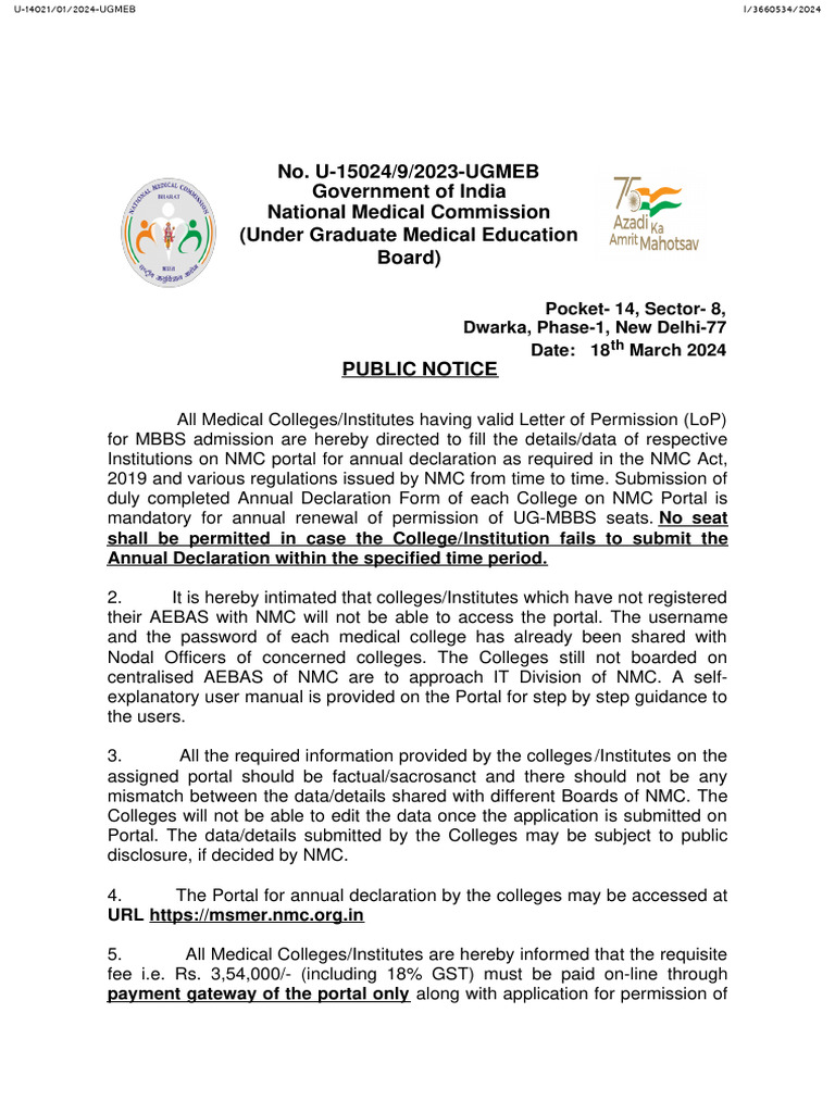 2024 03 18 Public Notice to Medical Colleges to Fill Details-data on NMC Portal for Annual ...