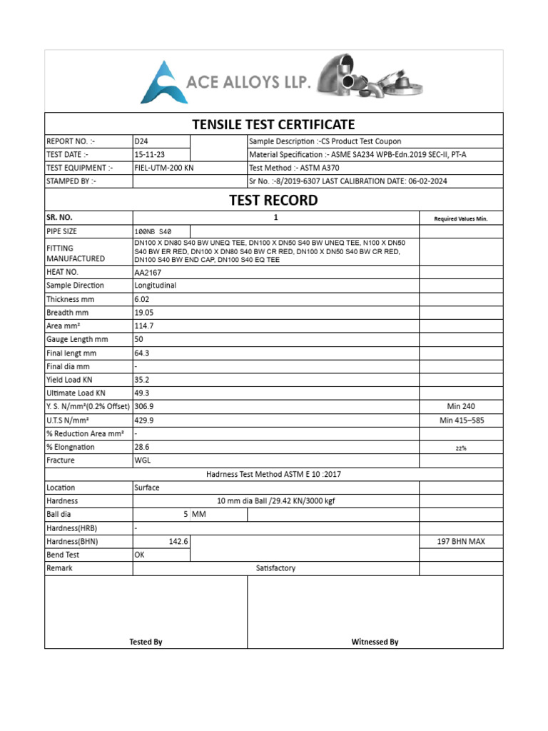 Tensile Test Certificate | PDF