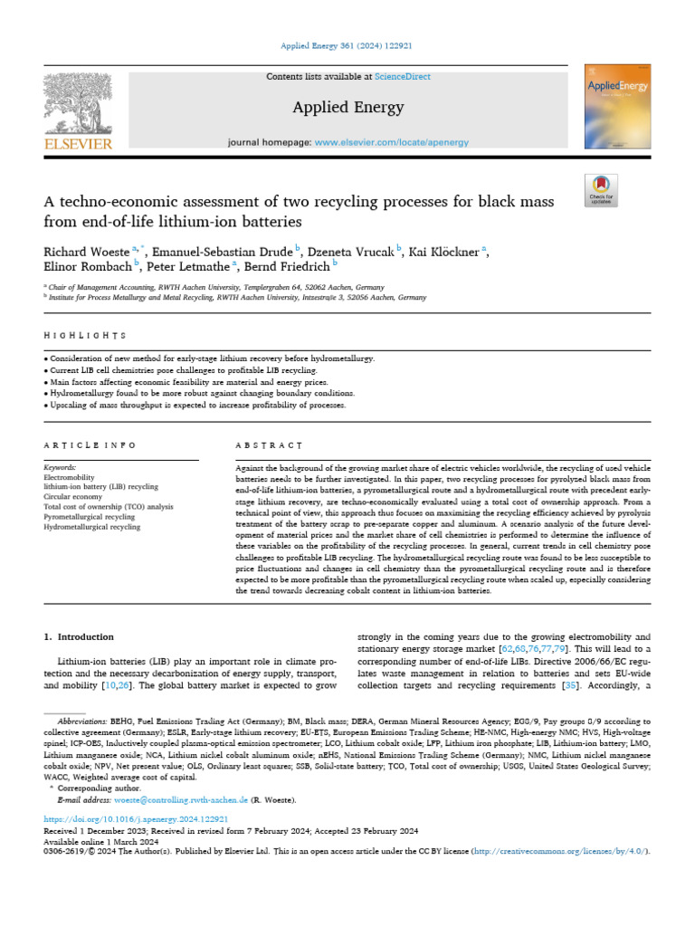 A Techno Economic Assessment of Two Recycling Processes For Black Mass From EOL LIB (Woeste Et ...