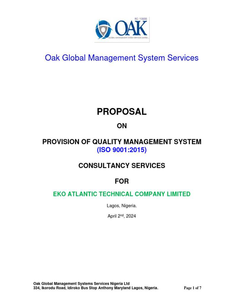 Proposal For QMS Consultancy Services - EKO Atlantic | PDF | Iso 9000 | Audit