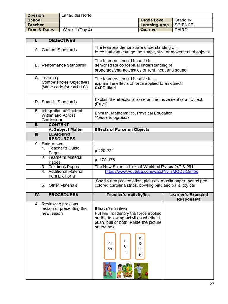 Science 4 DLP Day 4 | PDF | Learning | Force