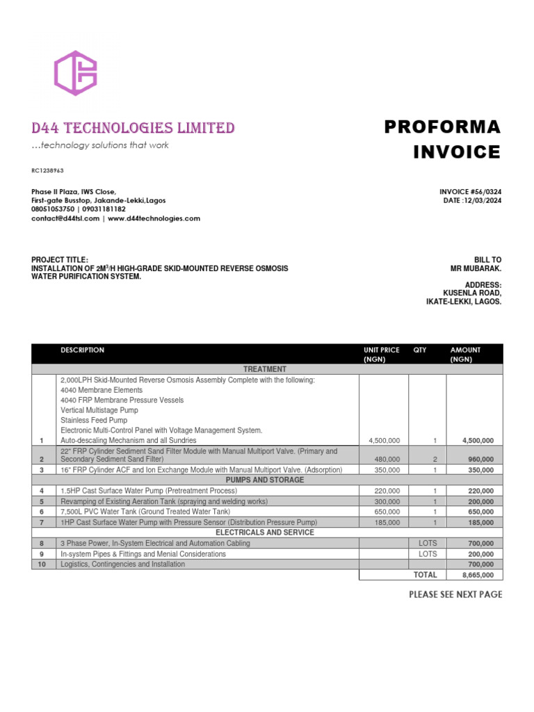 Invoice for RO Water Purification System | PDF | Water Purification ...