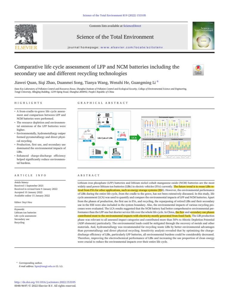Comparative LCA of LFP and NMC batteries including secondary use and ...