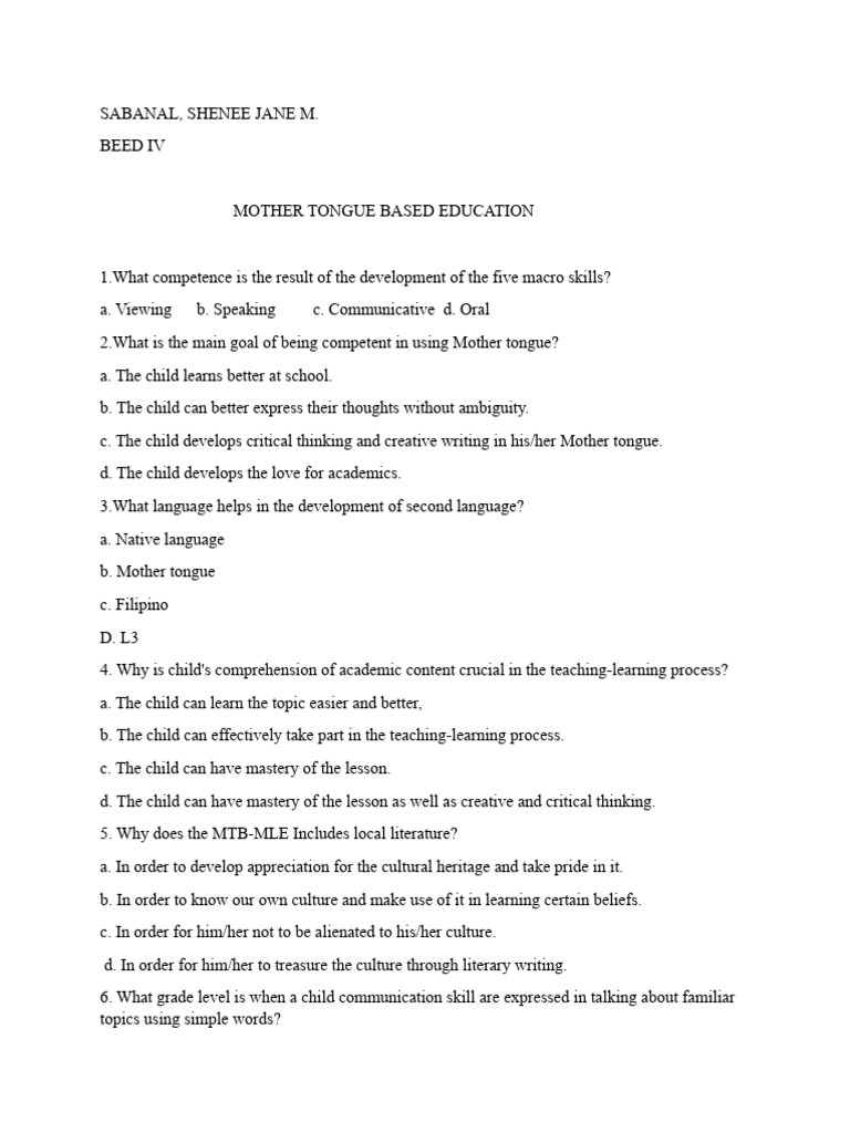 Mother Tongue-Based Education Quiz | PDF | First Language | Learning