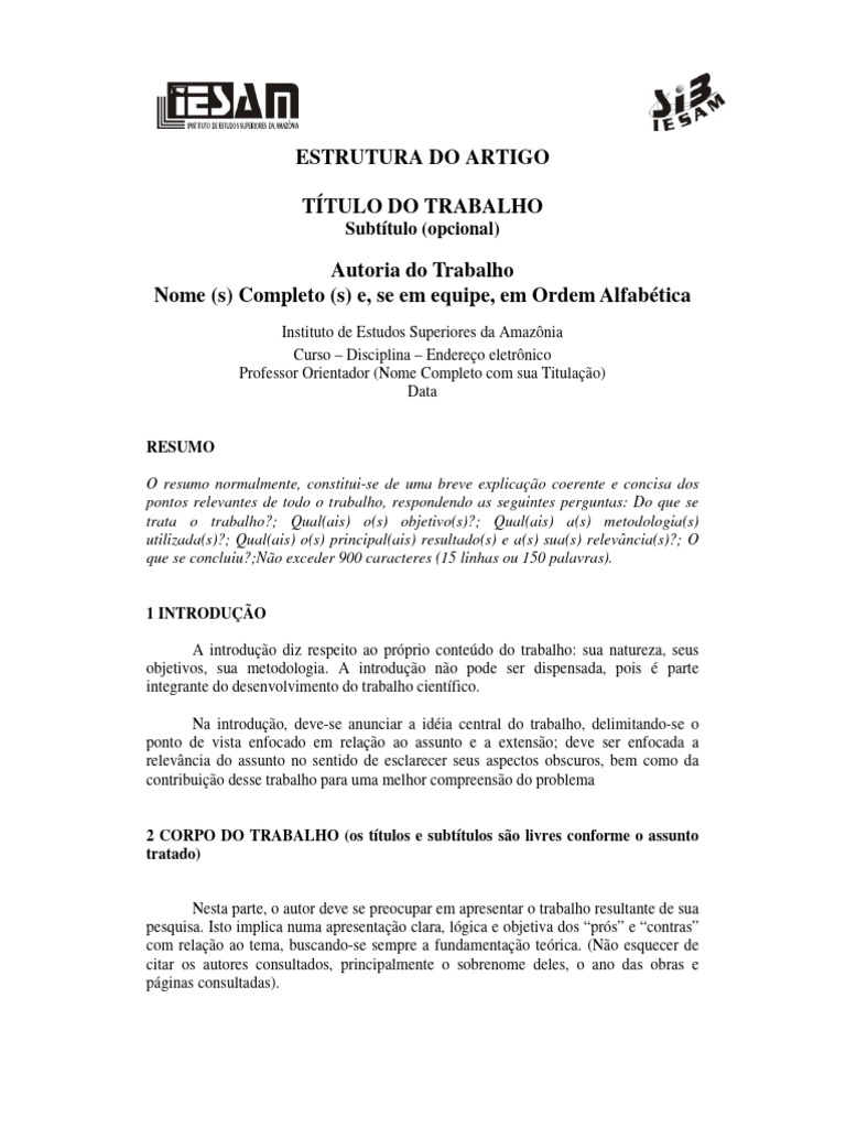 Estrutura Do Artigo Título Do Trabalho ... - Sib - Iesam | PDF | Abstract (resumo)