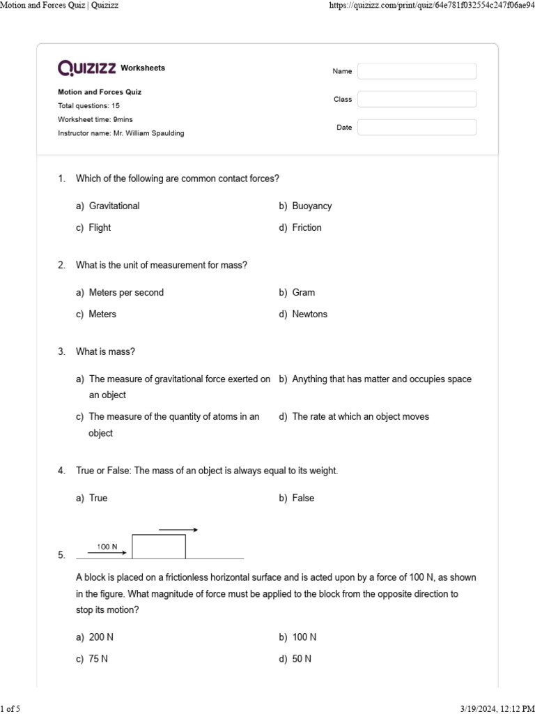 Motion and Forces Quiz Quizizz | PDF | Force | Mechanics