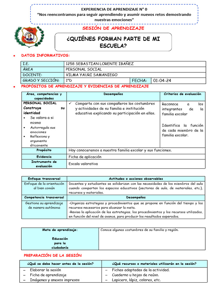 1º u1 s4 Sesion d1 Ps Familia Escolar | PDF | Aprendizaje | Evaluación