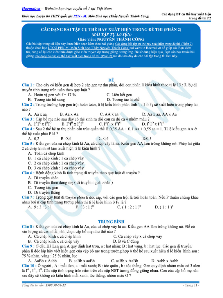 BTTL Cac Dang Bai Tap Hay Xuat Hien Trong de Thi Phan 2 - Sinh Hoc - Lop 12 | PDF