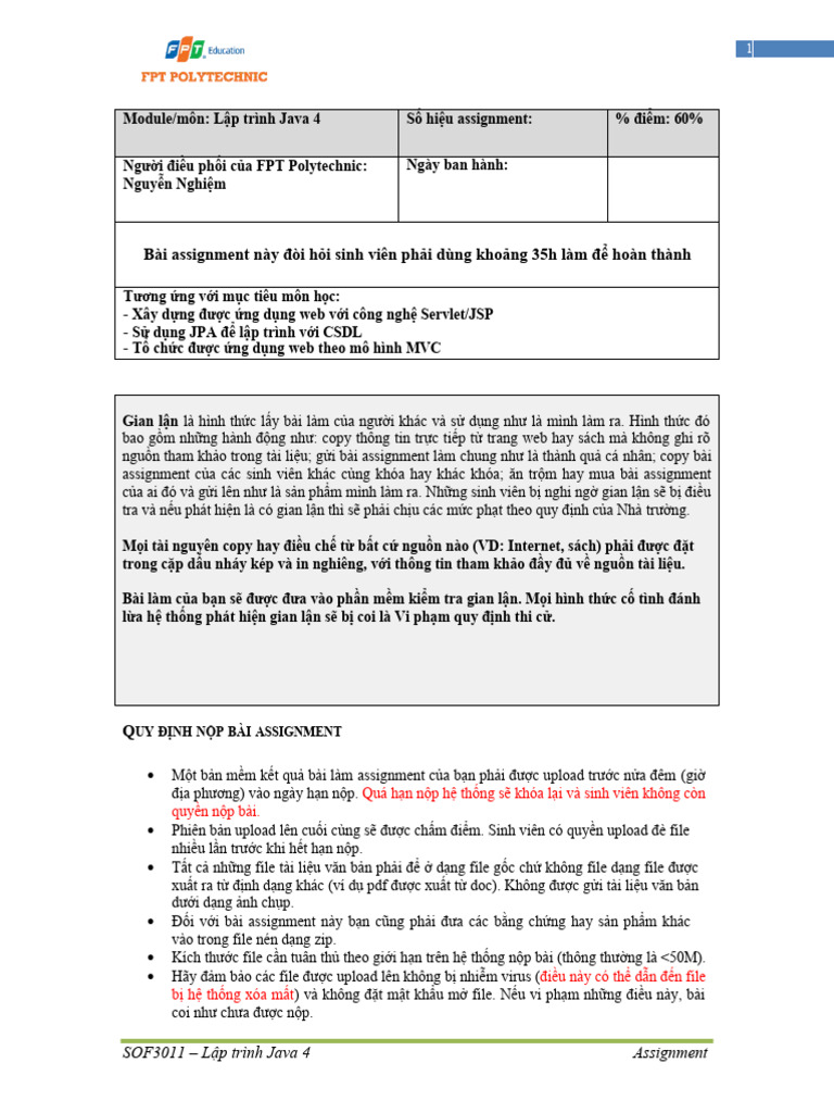 SOF3011 - Lap Trinh Java 4 - Assignment | PDF