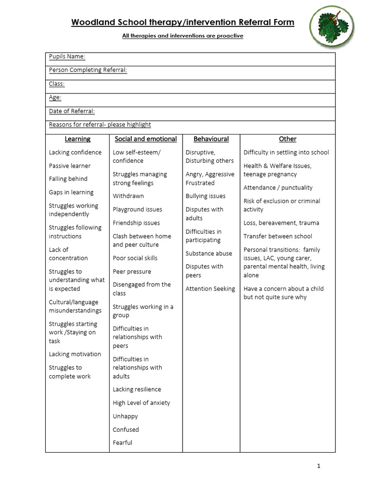 Therapuetic Intervention Referral Form | Download Free PDF ...