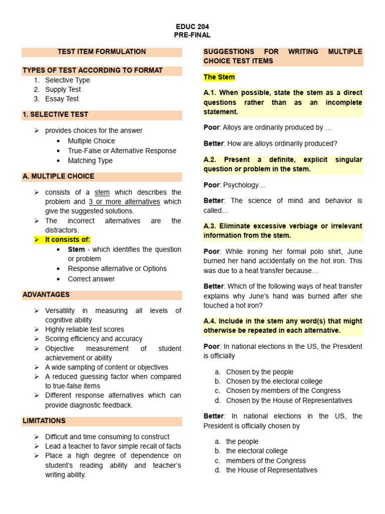 Educ204 Prefinal | PDF | Validity (Statistics) | Multiple Choice